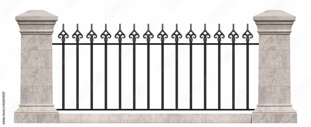 Iron railings with stone pillars. Blacksmithing. Urban design. Balcony ...