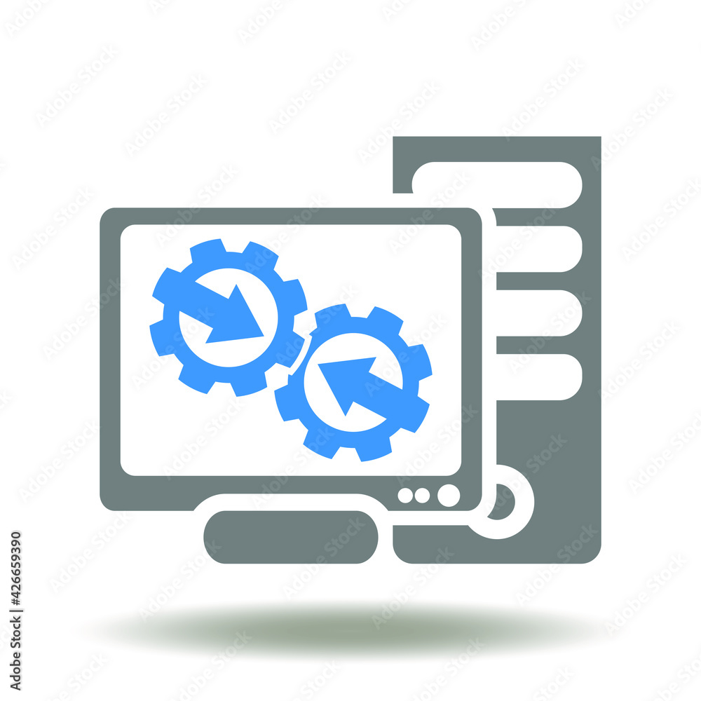 PC computer with gears mechanism and arrows on display vector icon. API ...