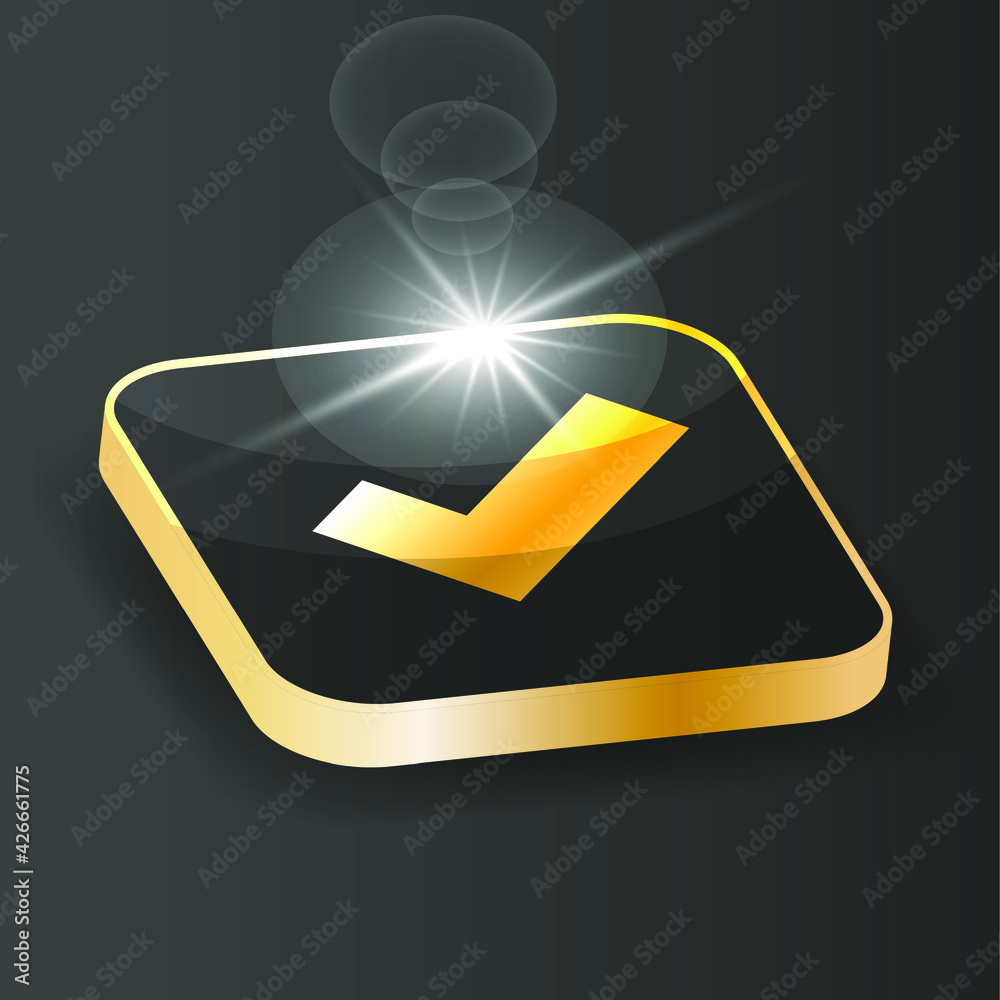 Golden Isometric Check mark icon. Tick symbol button on a black ...