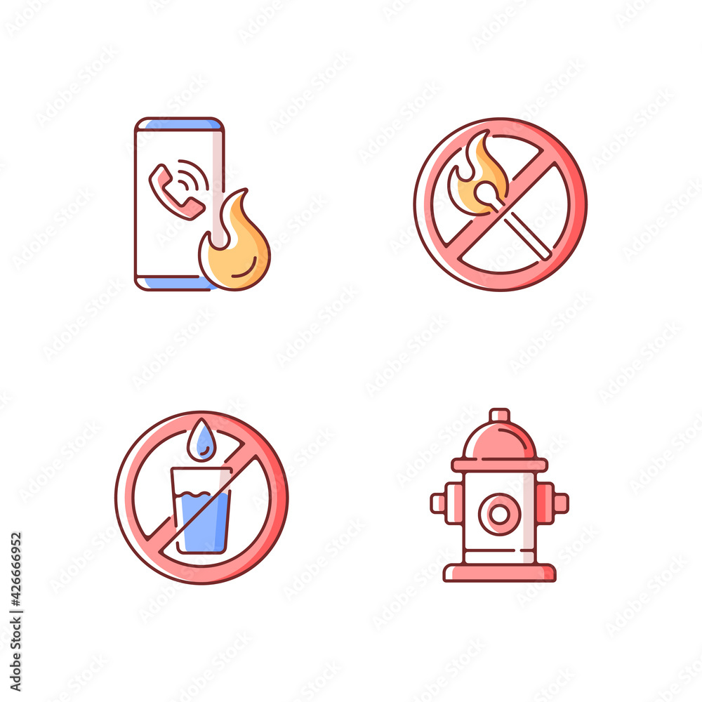 Emergency instructions for fire safety RGB color icons set. Call in ...