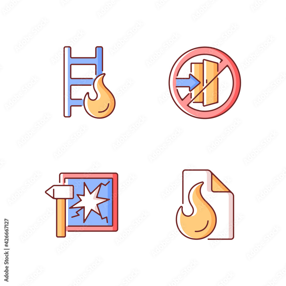 Fire safety regulations RGB color icons set. Escape ladder. Do not ...
