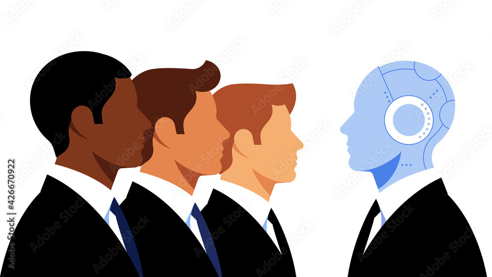 Businessmen in suits and Artificial Intelligence Manager. Young men in ...