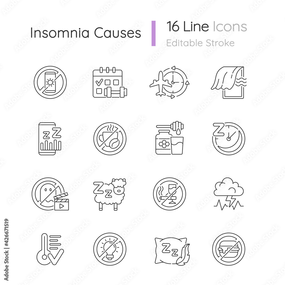 Insomnia causes linear icons set. Reasons for bad sleep. Avoid ...