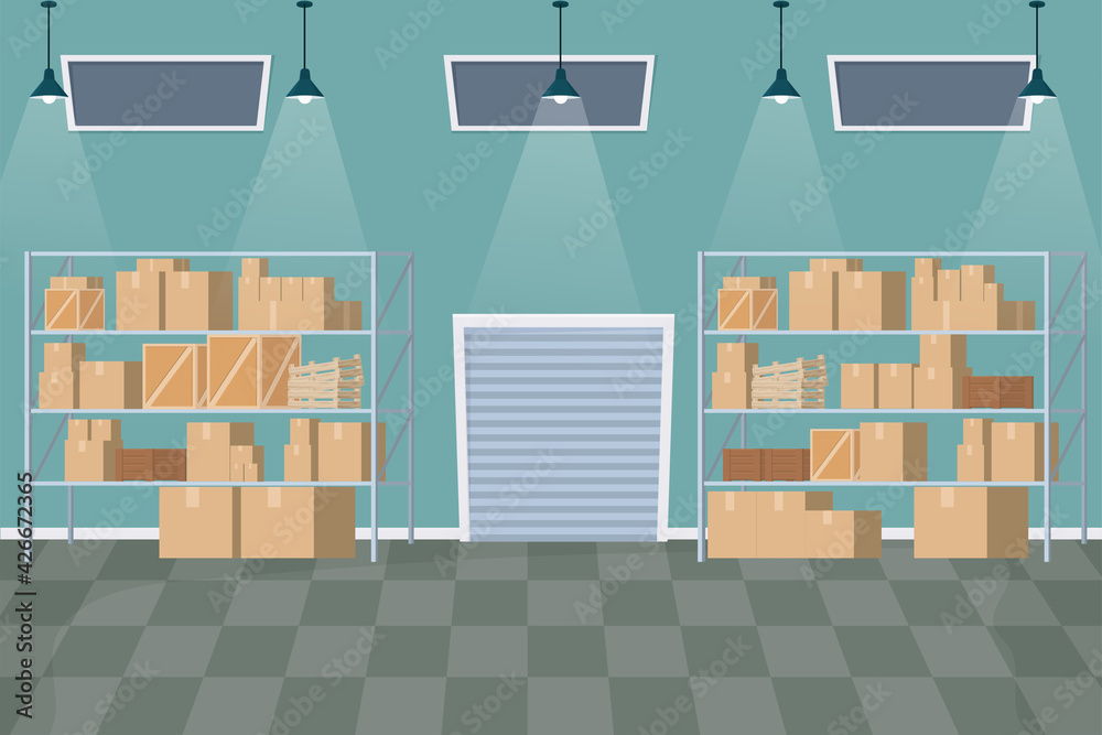 Warehouse interior in cartoon style with boxes, wooden containers ...