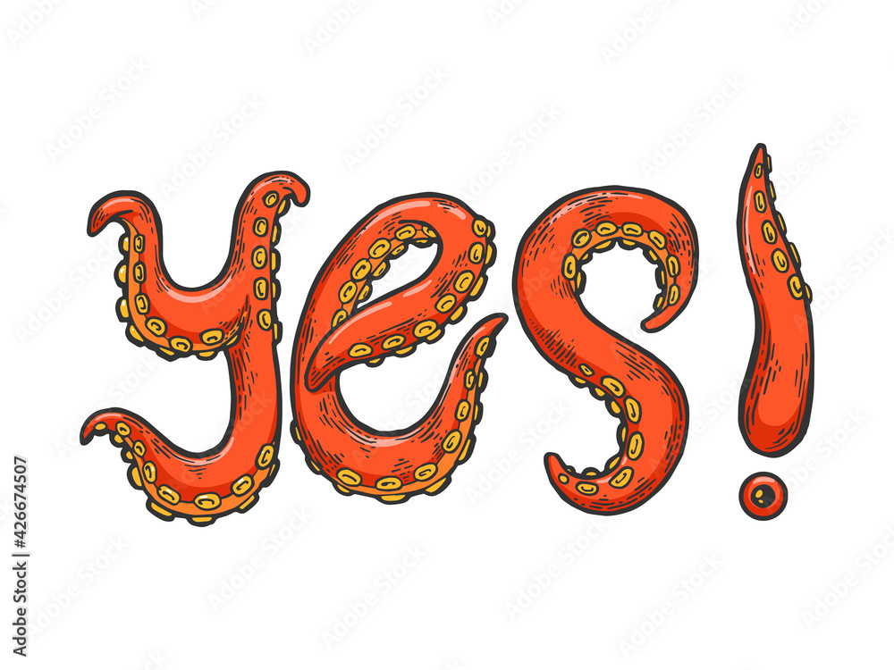 Yes word made by octopus tentacles tattoo font color sketch engraving ...