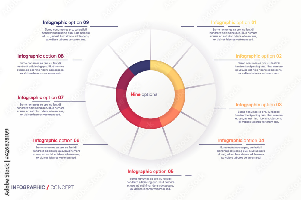 Vector round circle infographic chart template divided by nine parts ...