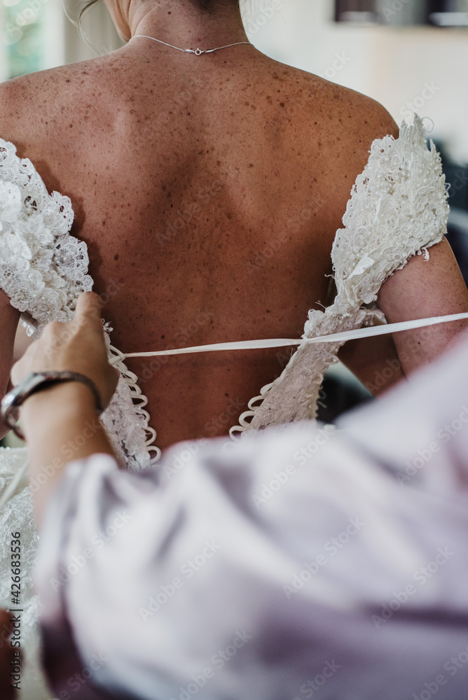 bride with freckles on the skin on her wedding day Stock Photo | Adobe ...