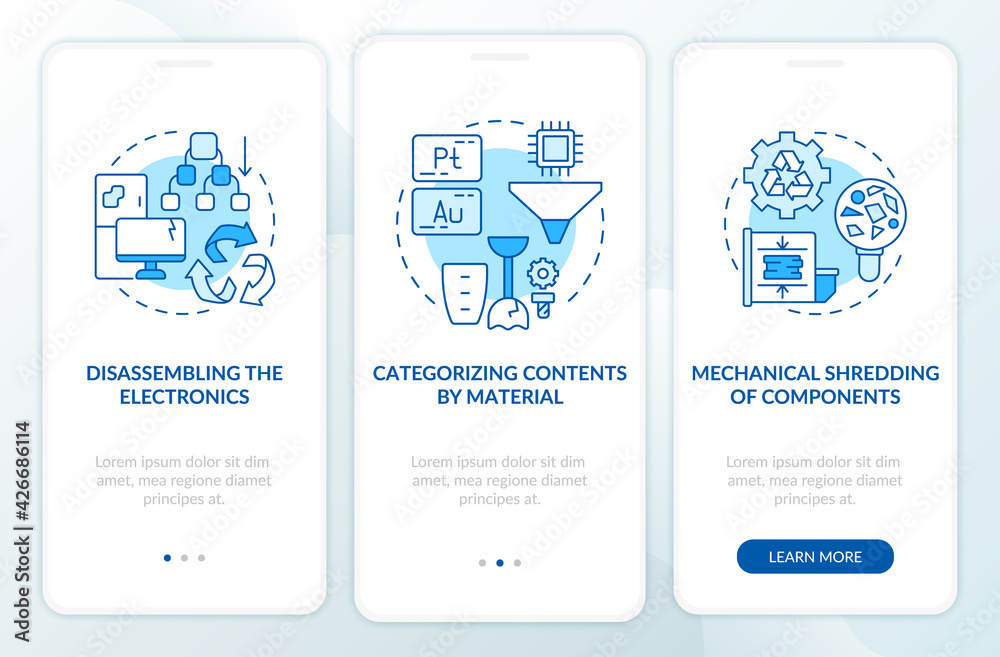 E-trash disposal steps onboarding mobile app page screen with concepts. Sorting, categorizing ...