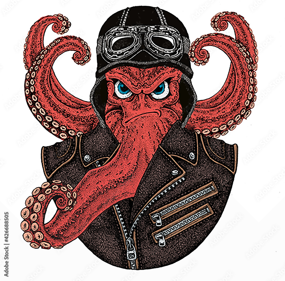 Octopus vector portrait. Sea marine creature, beast. Vintage motorcycle ...