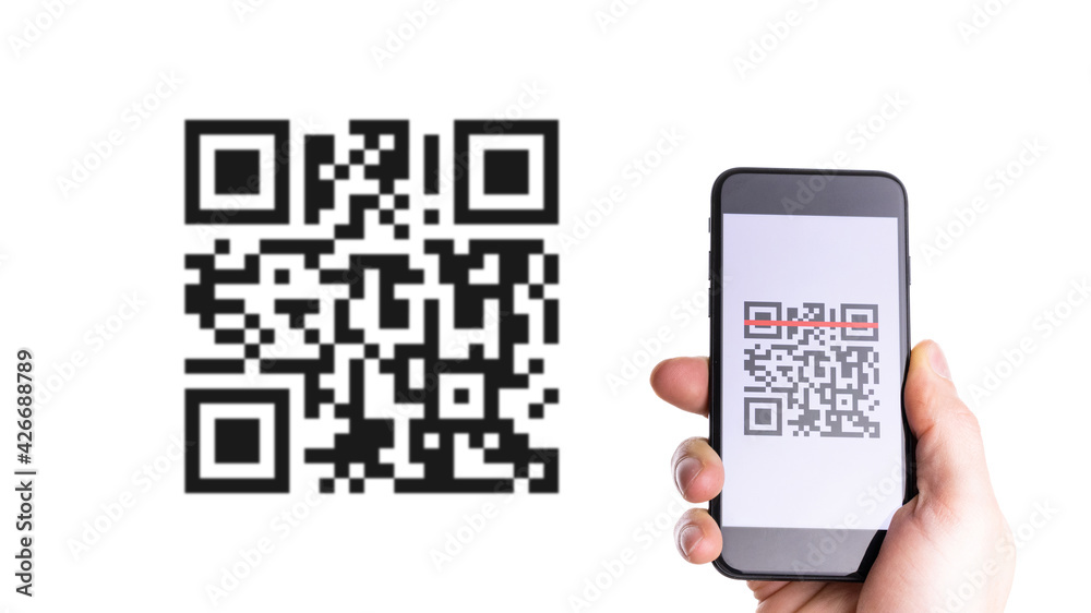 Pay qr code. Hand holding mobile smartphone screen for payment, online ...