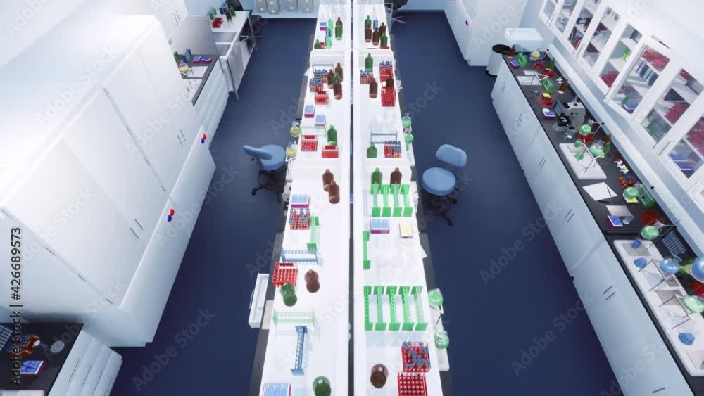 High angle top view of empty scientific research laboratory room ...