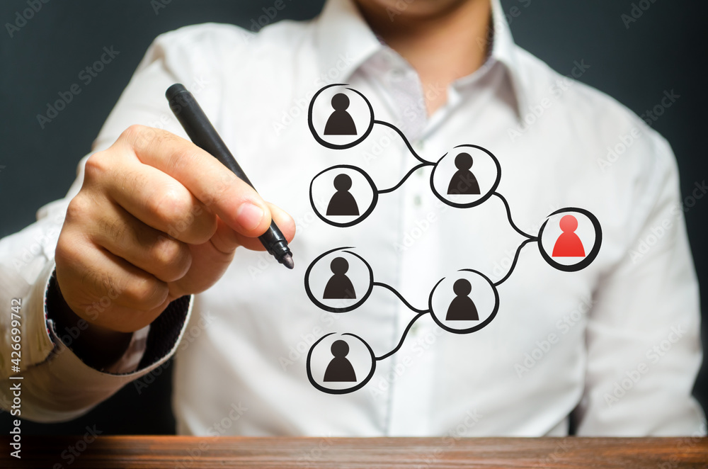 Businessman draws business company hierarchy system. Personnel ...