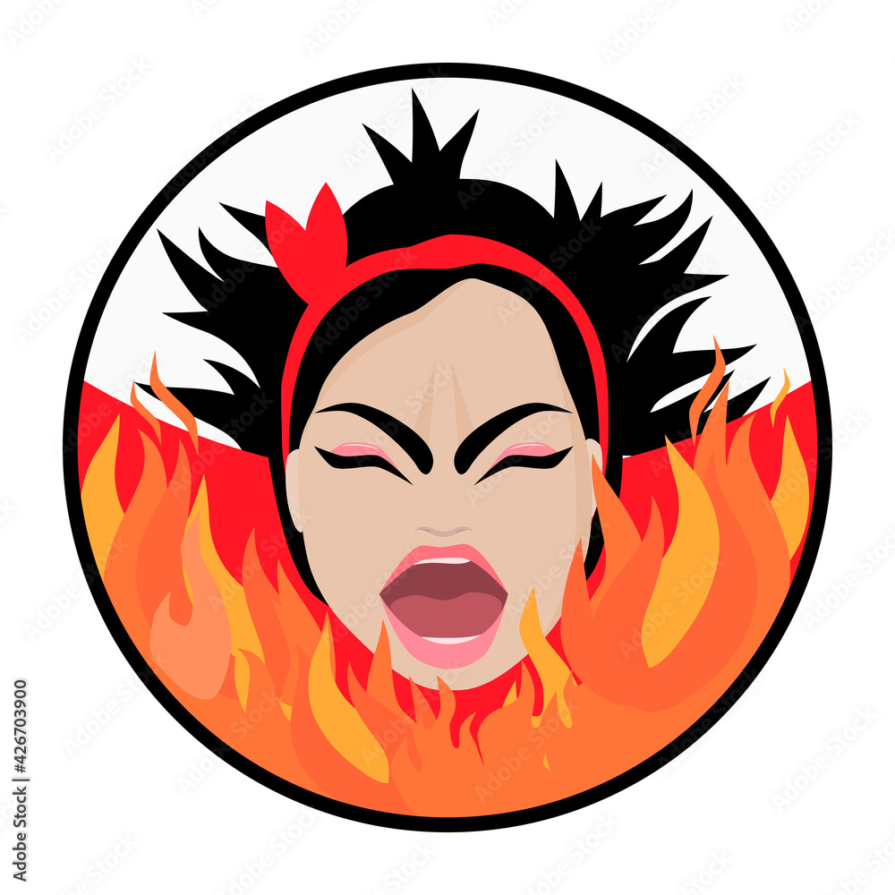 Grr! Cartoon brunette woman knitted her brows, closed her eyes, opened ...