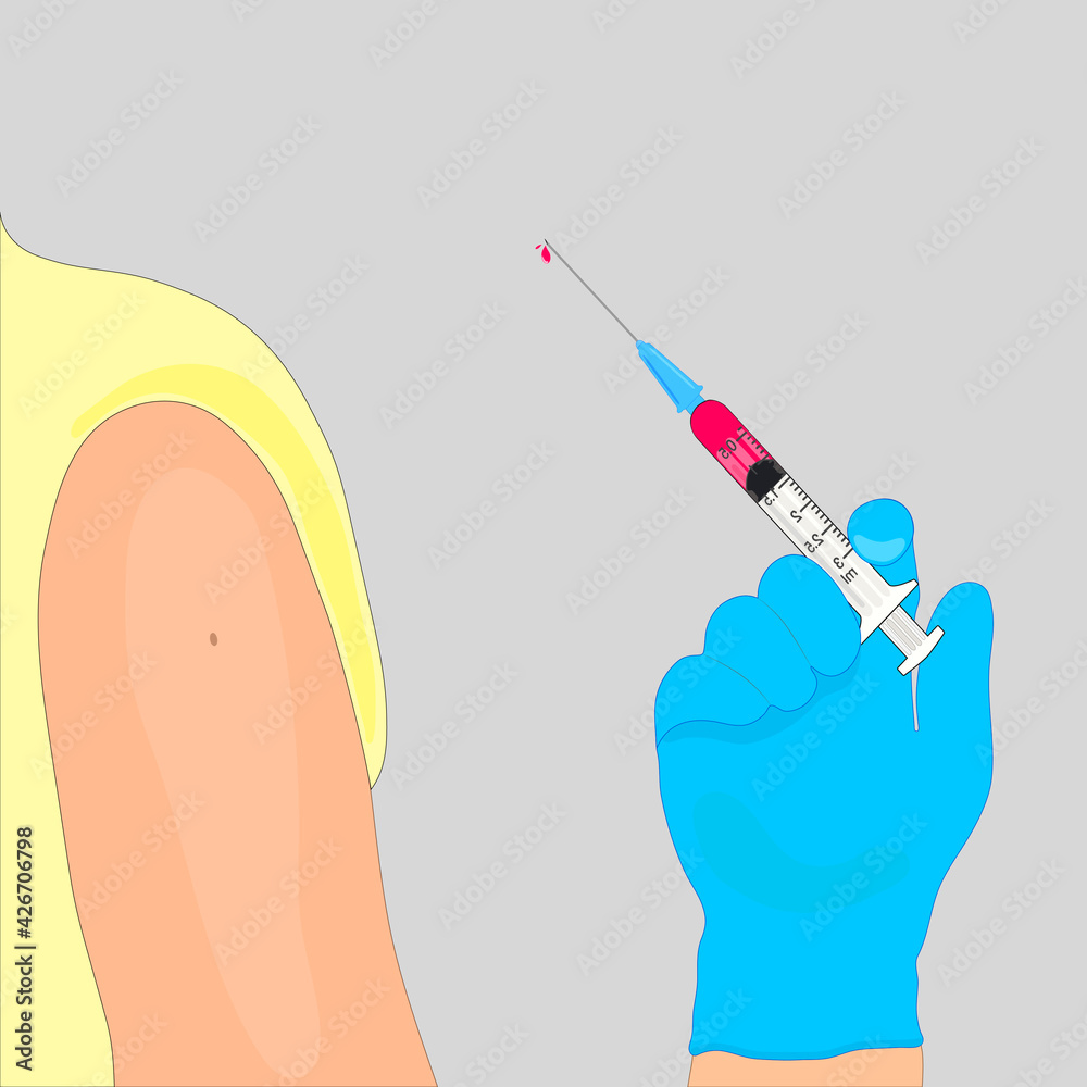 Flat drawing the doctor inserts the vaccine into the patient's shoulder ...