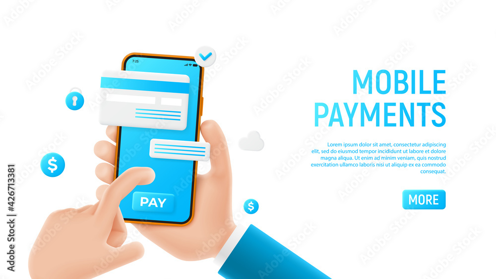 Mobile payments concept template. Mockup with cartoon hand, smartphone and icons. Template of ...