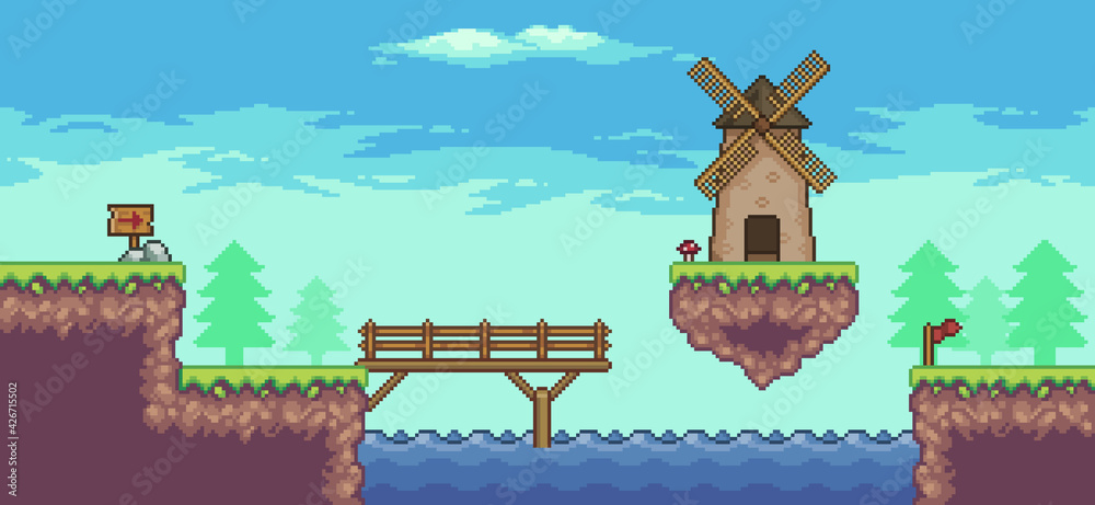 Pixel art arcade game scene with floating platform, mill, river, bridge ...