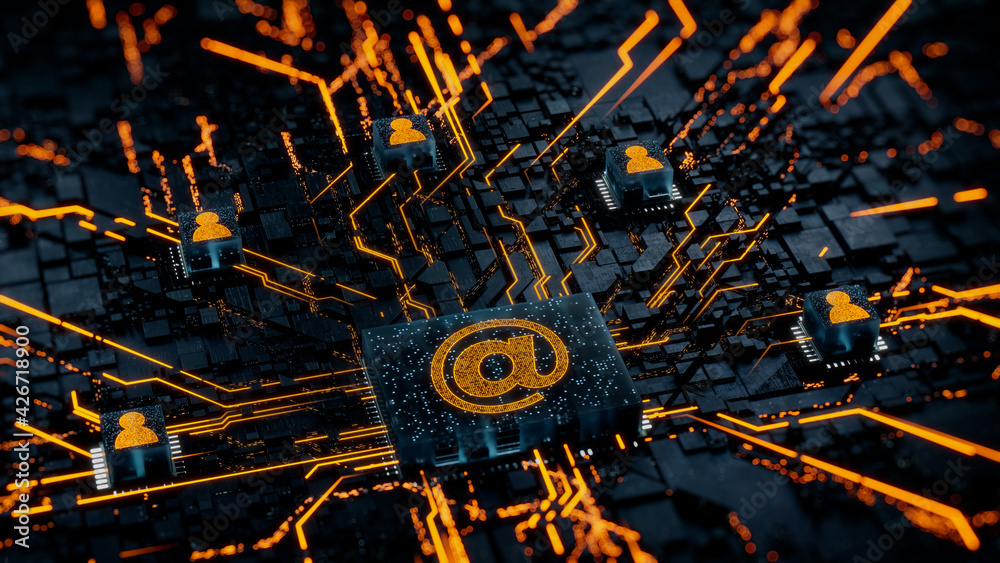 Email Technology Concept with @ symbol on a Microchip. Orange Neon Data ...