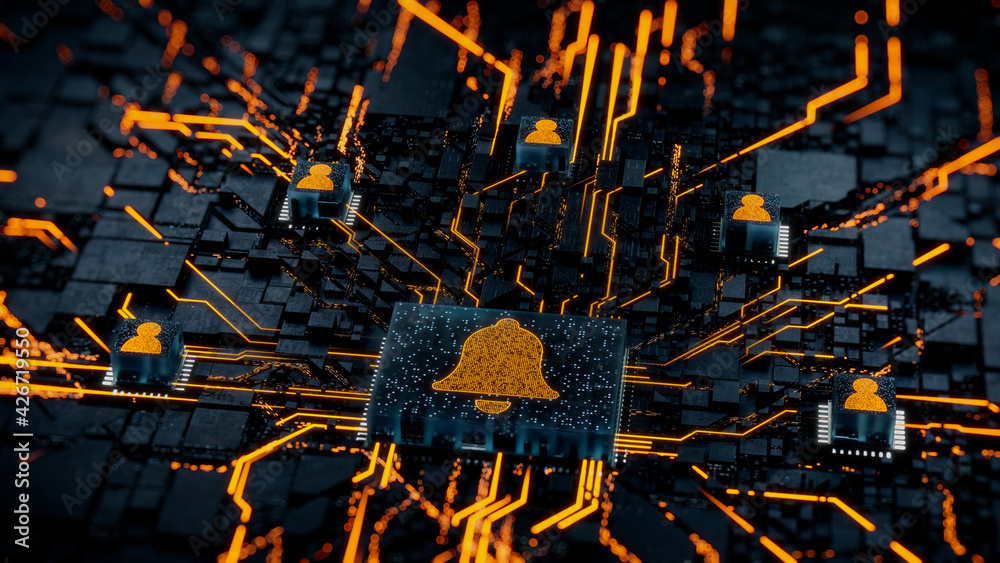 Alert Technology Concept with bell symbol on a Microchip. Orange Neon ...