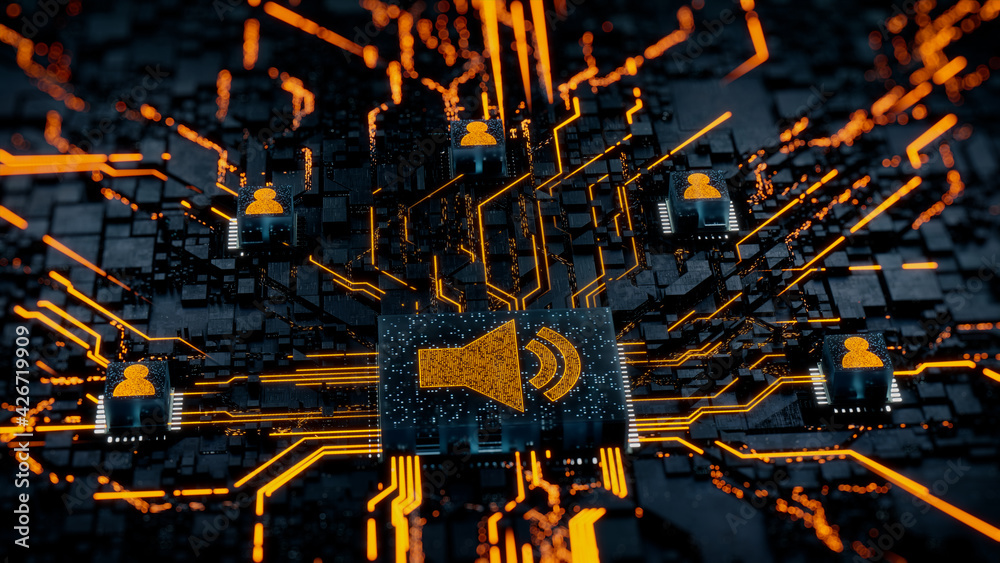 Sound Technology Concept with audio symbol on a Microchip. Orange Neon ...