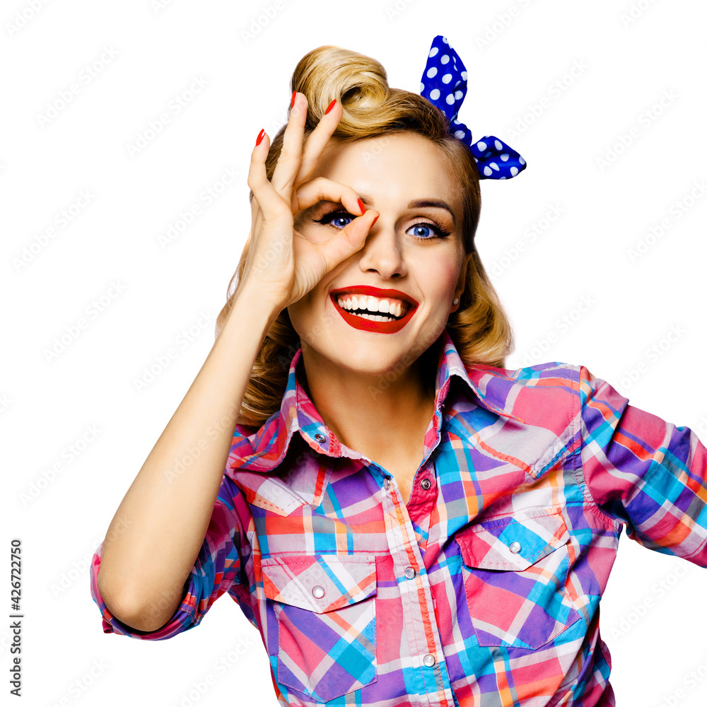 Pin up girl. Excited happy woman showing ok or searching sign gesture ...