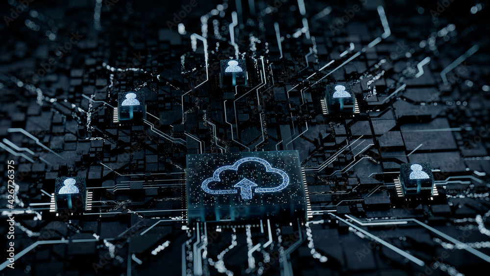 Data storage Technology Concept with cloud upload symbol on a Microchip ...
