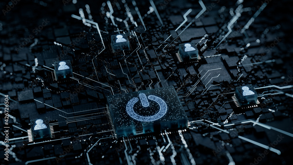 Activate Technology Concept with power symbol on a Microchip. White ...