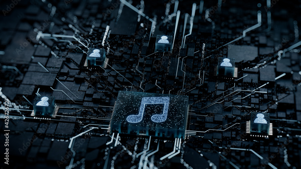 Audio Technology Concept with music symbol on a Microchip. White Neon ...