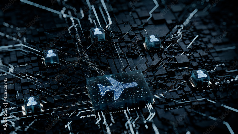 Flight Technology Concept with airplane symbol on a Microchip. White ...