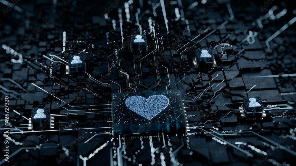 Love Technology Concept with heart symbol on a Microchip. White Neon ...