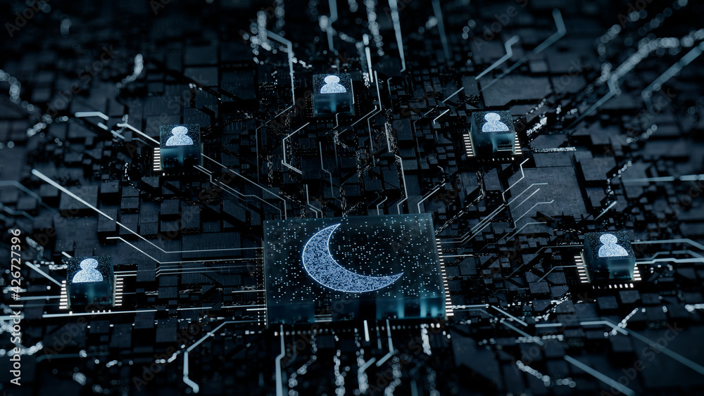Night mode Technology Concept with moon symbol on a Microchip. White ...