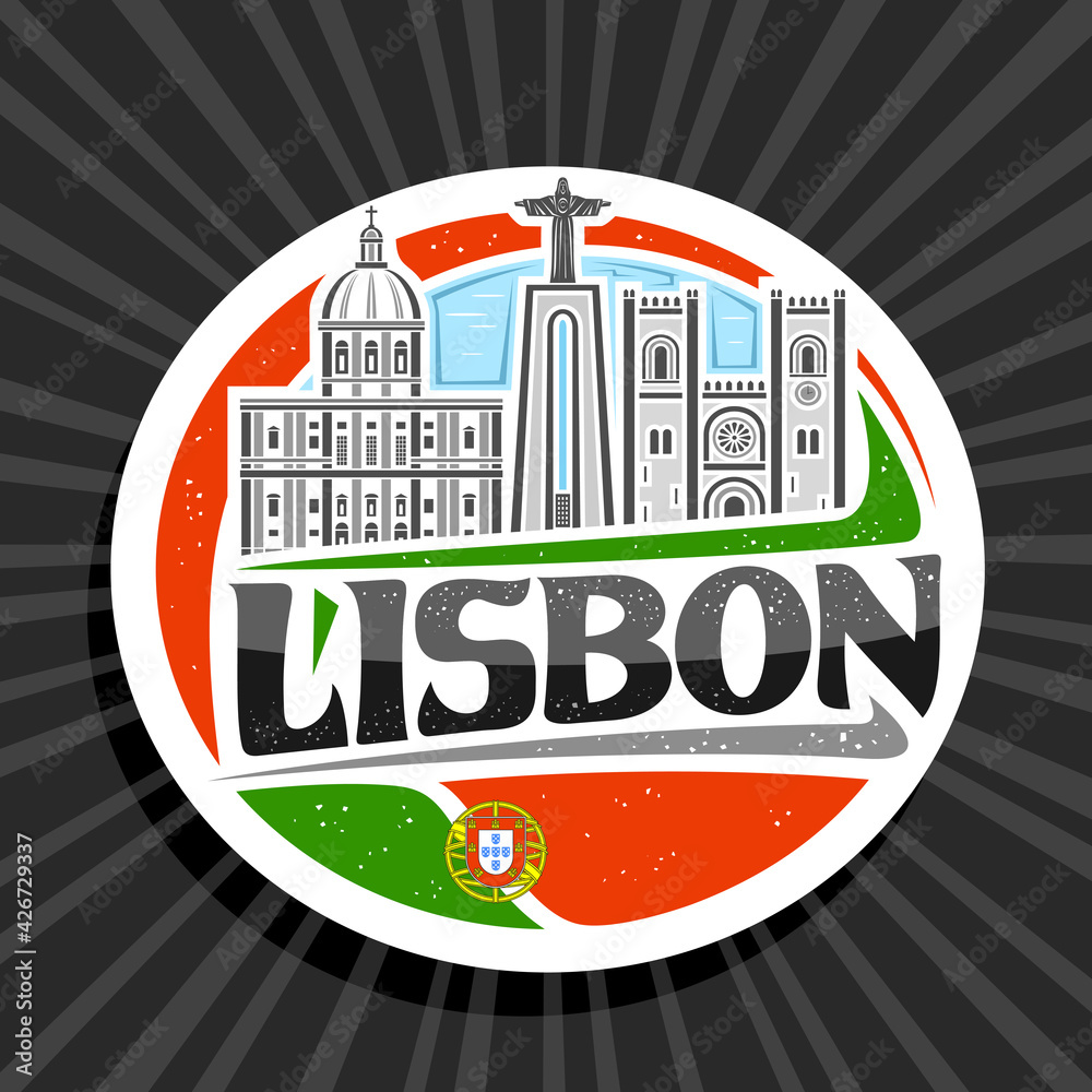 Vector logo for Lisbon, white decorative tag with outline illustration ...