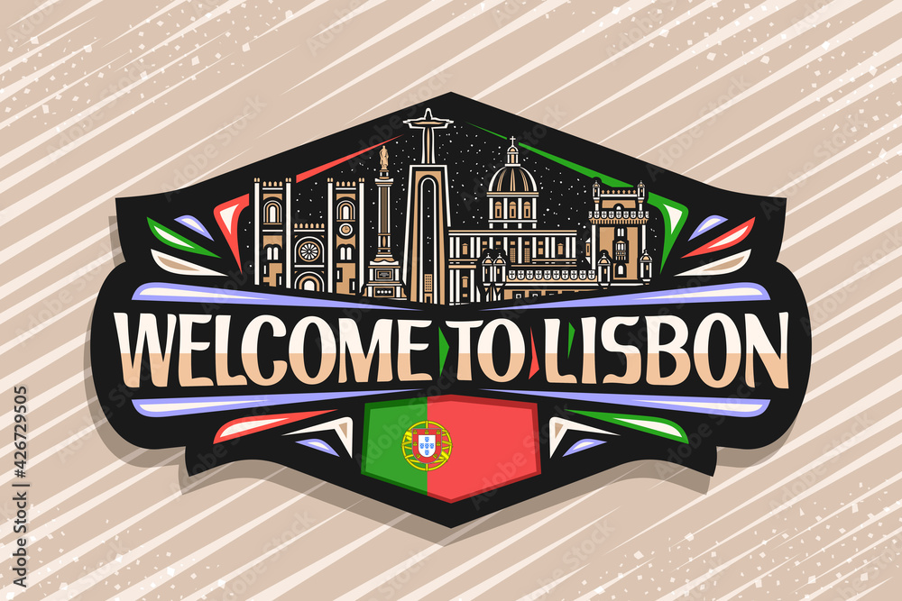 Vector logo for Lisbon, black decorative tag with outline illustration ...