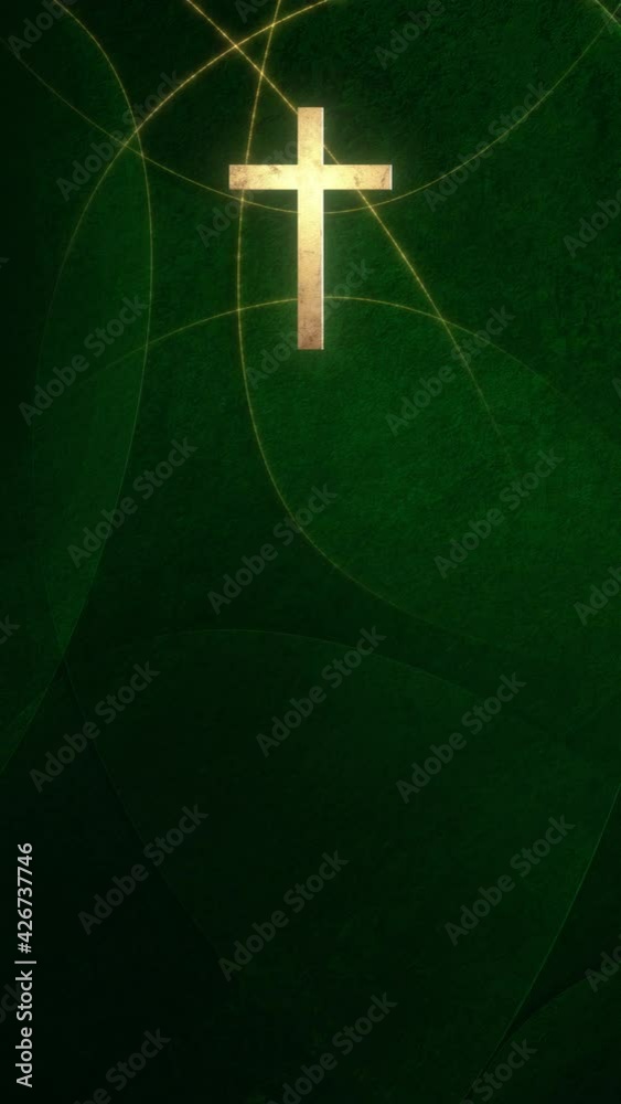 Golden Christian Cross on liturgic vertical green copy space banner ...