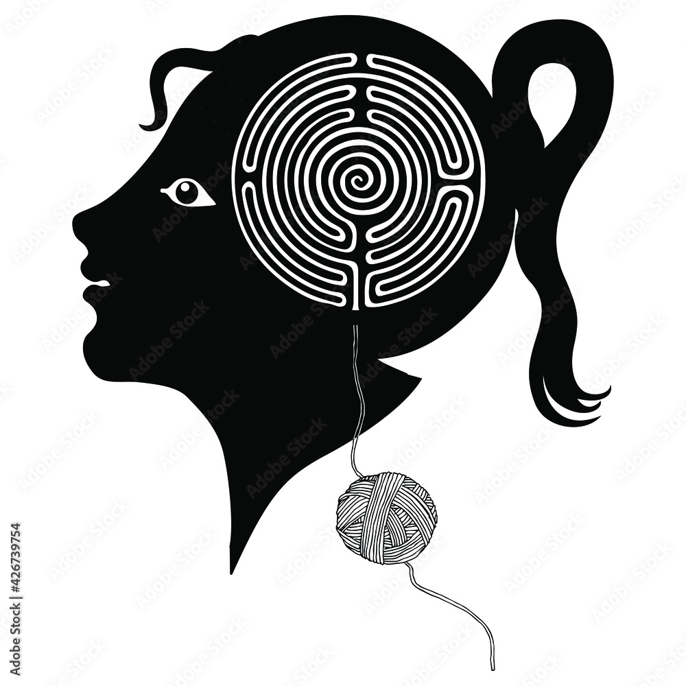 Round spiral maze or labyrinth symbol inside female brain and a yarn ...