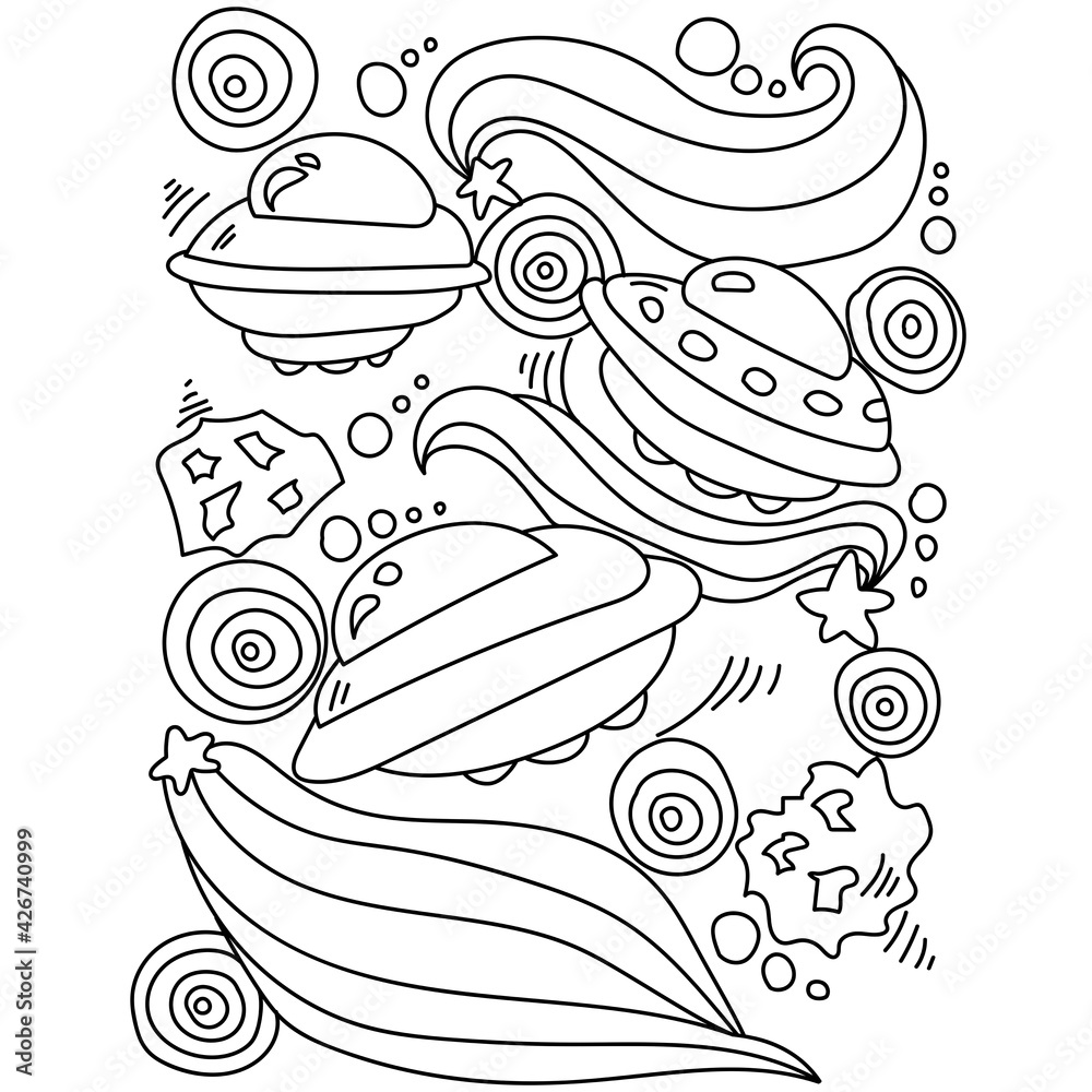 Fantasy UFO in open space, coloring page with various space objects ...
