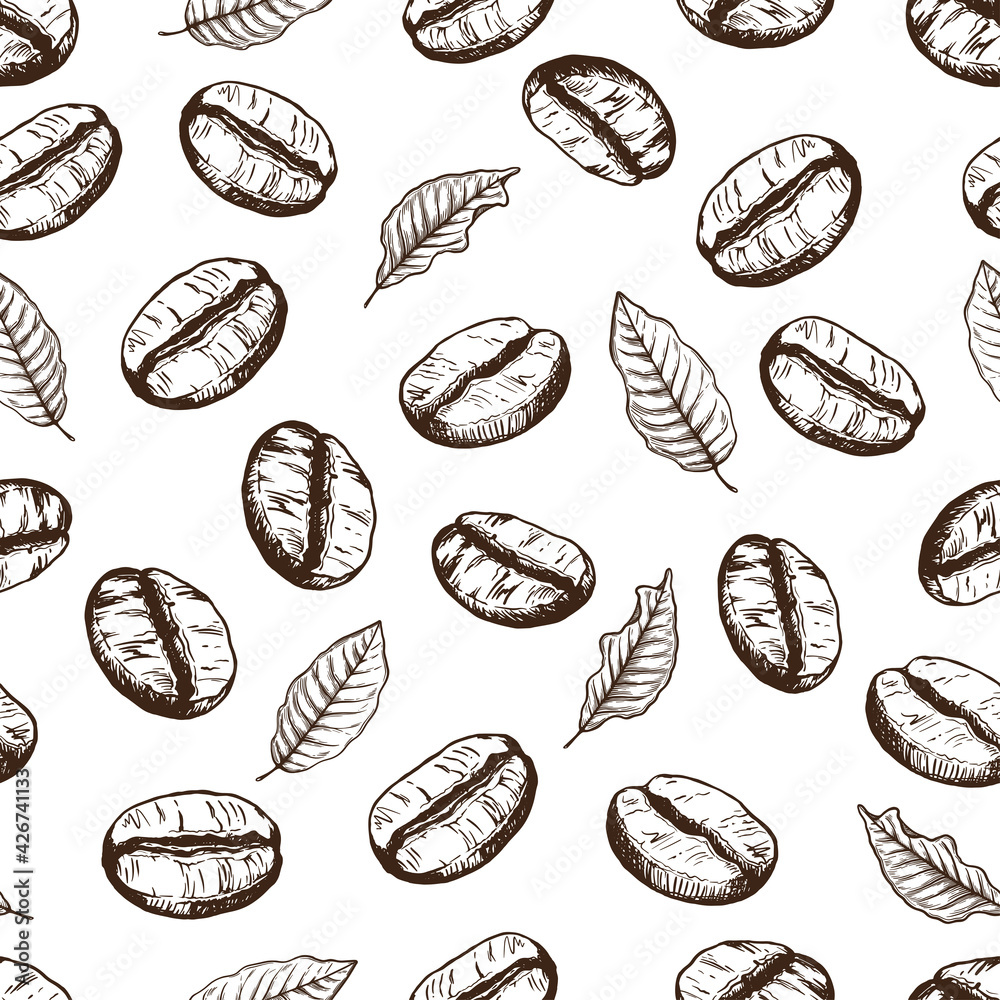 Vector seamless pattern with outline coffee beans and leaves on a ...