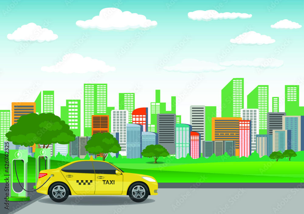 EV Car or Electric vehicle charging the battery with natural landscape ...