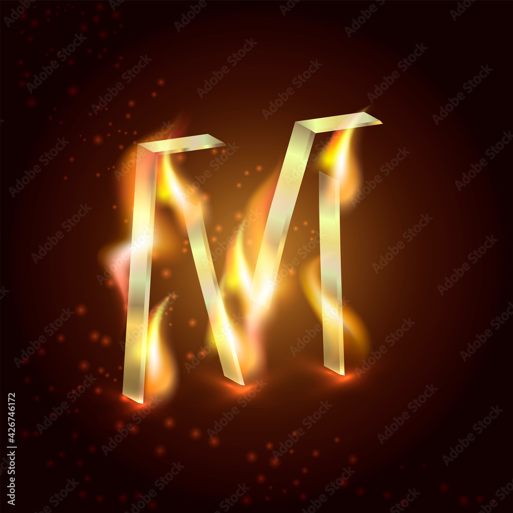 The minimalistic letter of the Russian alphabet М. Gold symbol on fire ...