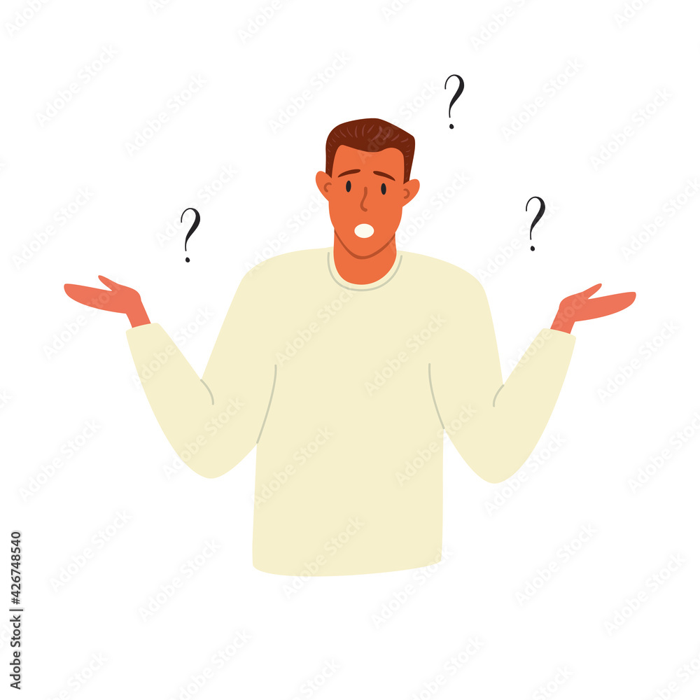 Flat vector cartoon illustration of a puzzled or doubting man with ...