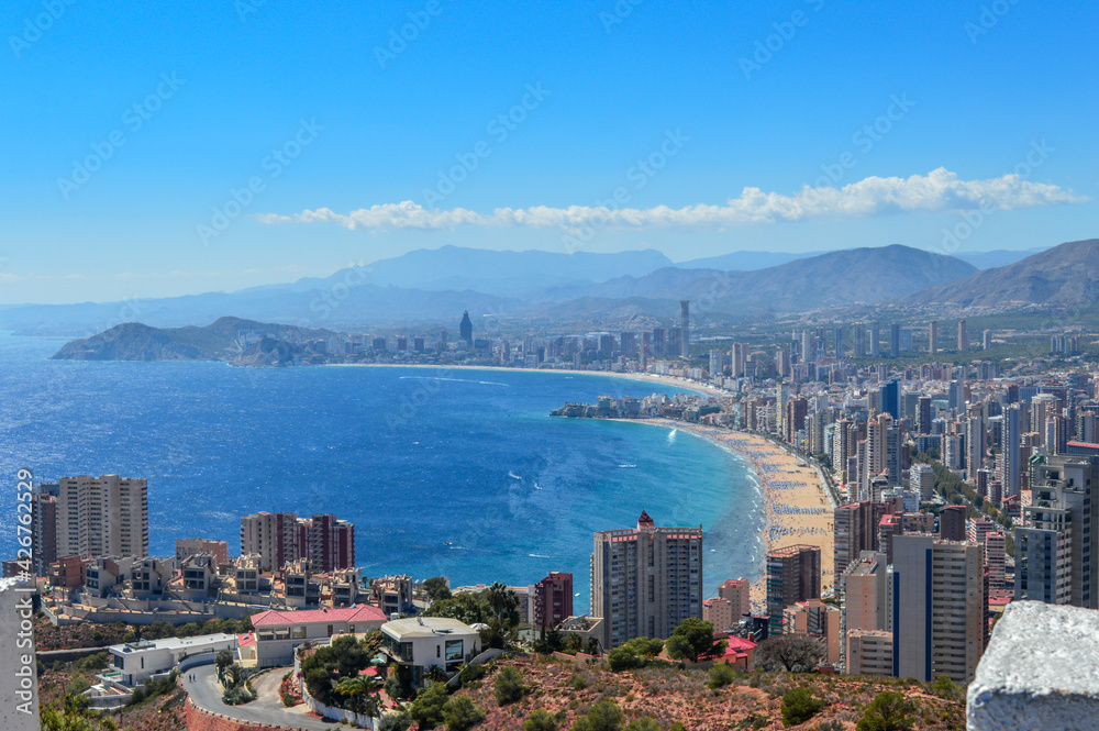 Top view of Benidorm and the beach during the day in sunny weather ...