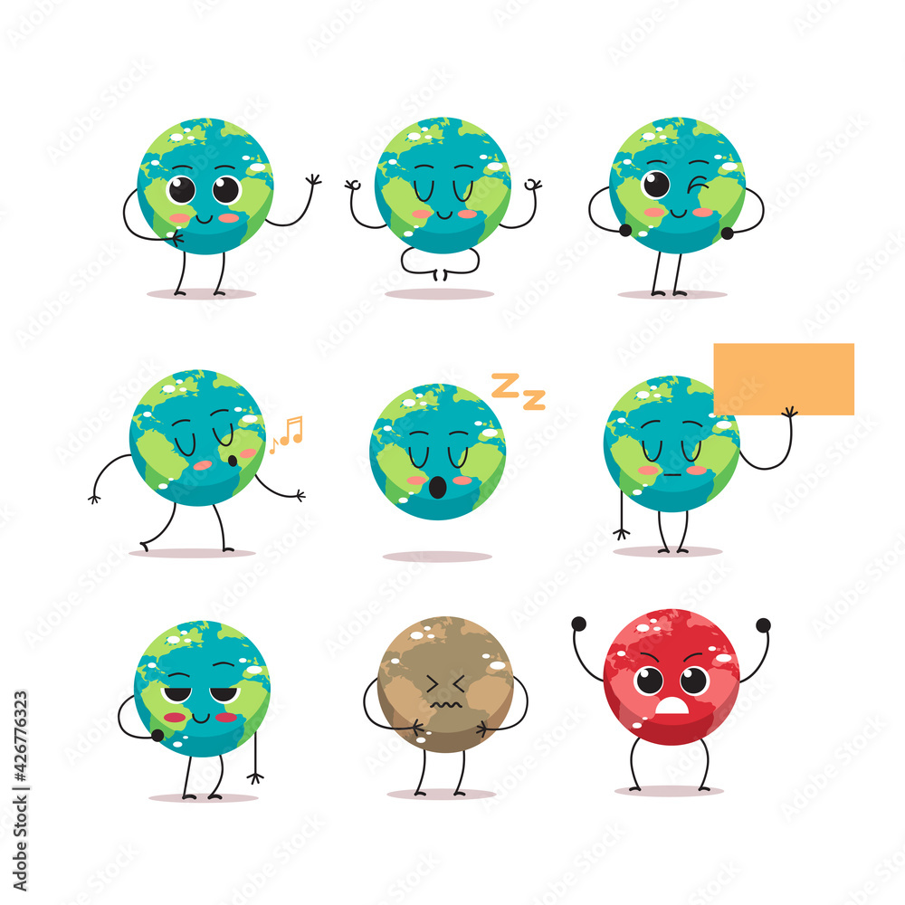 set cute earth characters with different emotions cartoon mascot globe ...