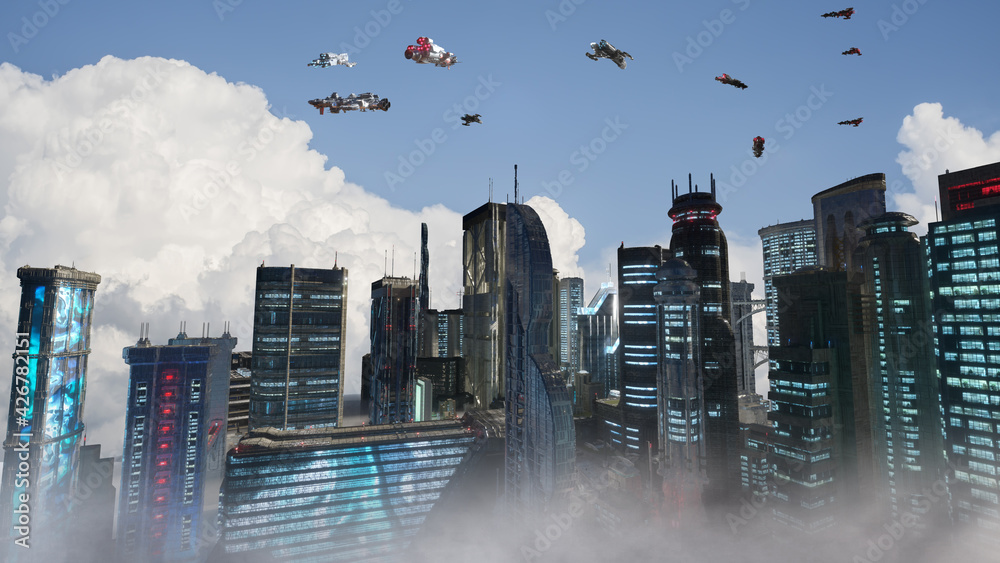 future cyberpunk city 3d render Stock Illustration | Adobe Stock