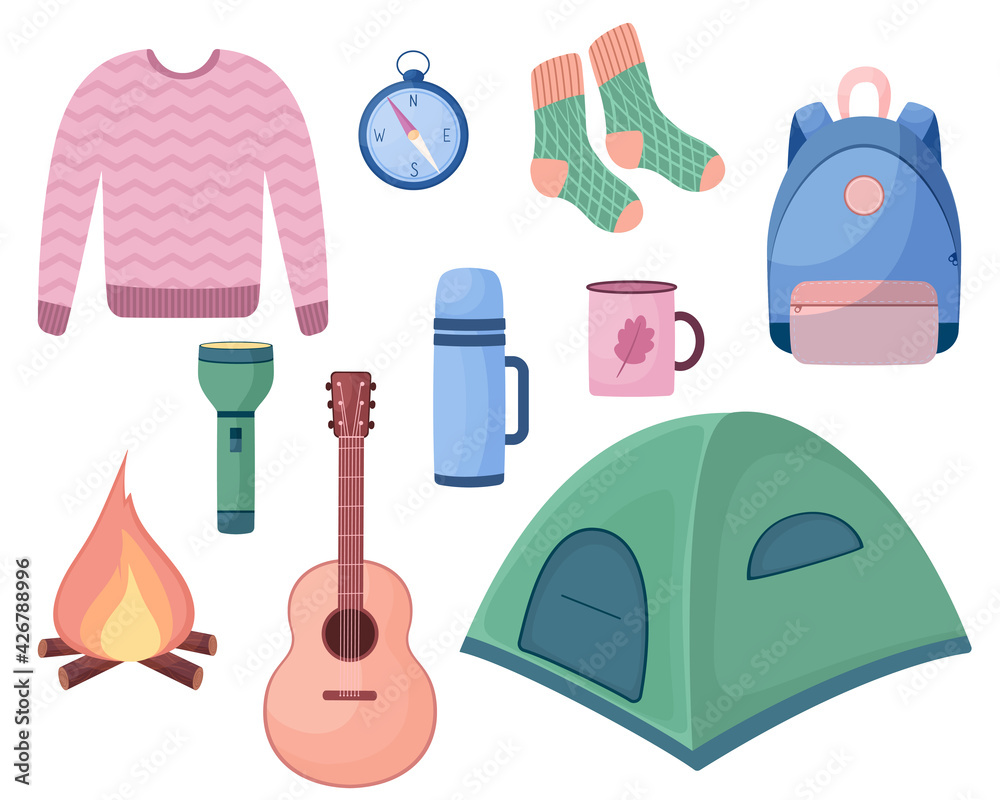 Set of camping items in cartoon style. Vintage hiking items. Isolated ...