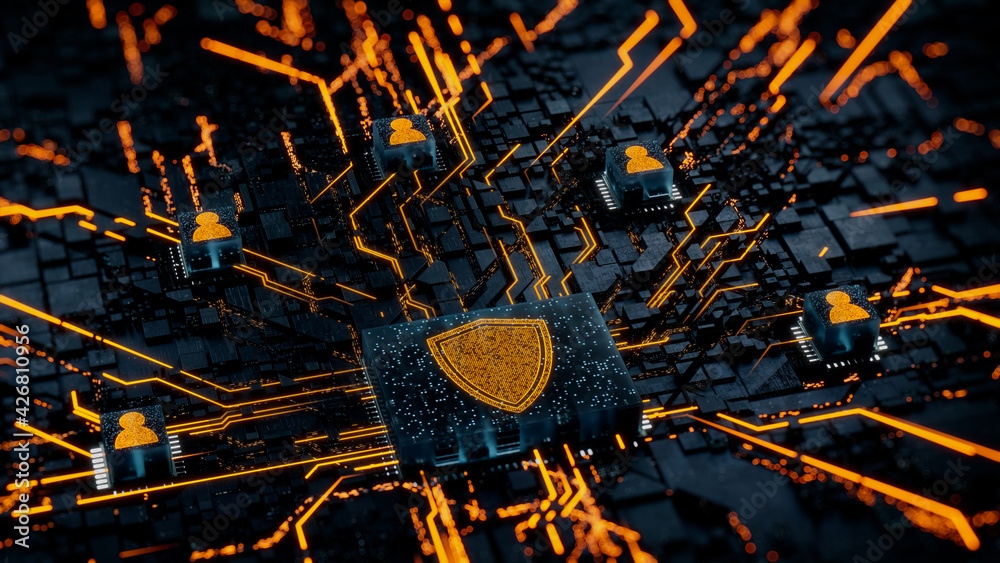 Security Technology Concept with shield symbol on a Microchip. Orange Neon Data flows between ...