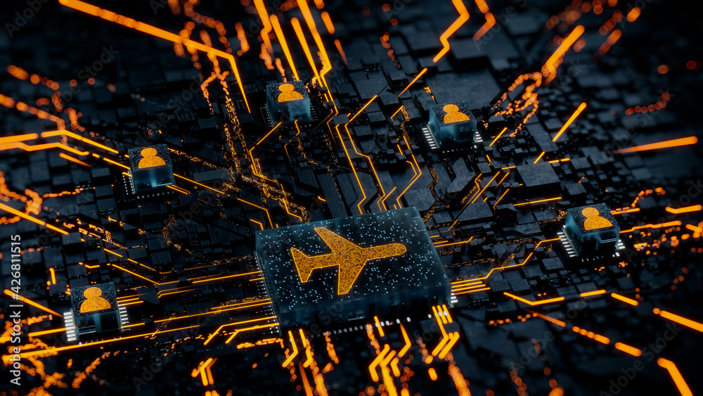 Flight Technology Concept with airplane symbol on a Microchip. Orange ...