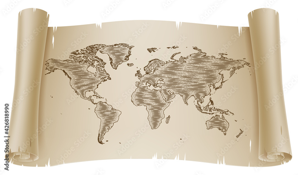 World Map Drawing Old Woodcut Engraved Scroll Stock Vector | Adobe Stock