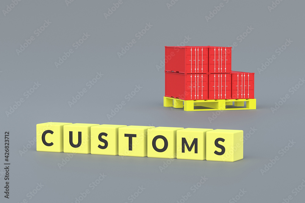 Cubes with word customs near freight containers on pallet. Global ...