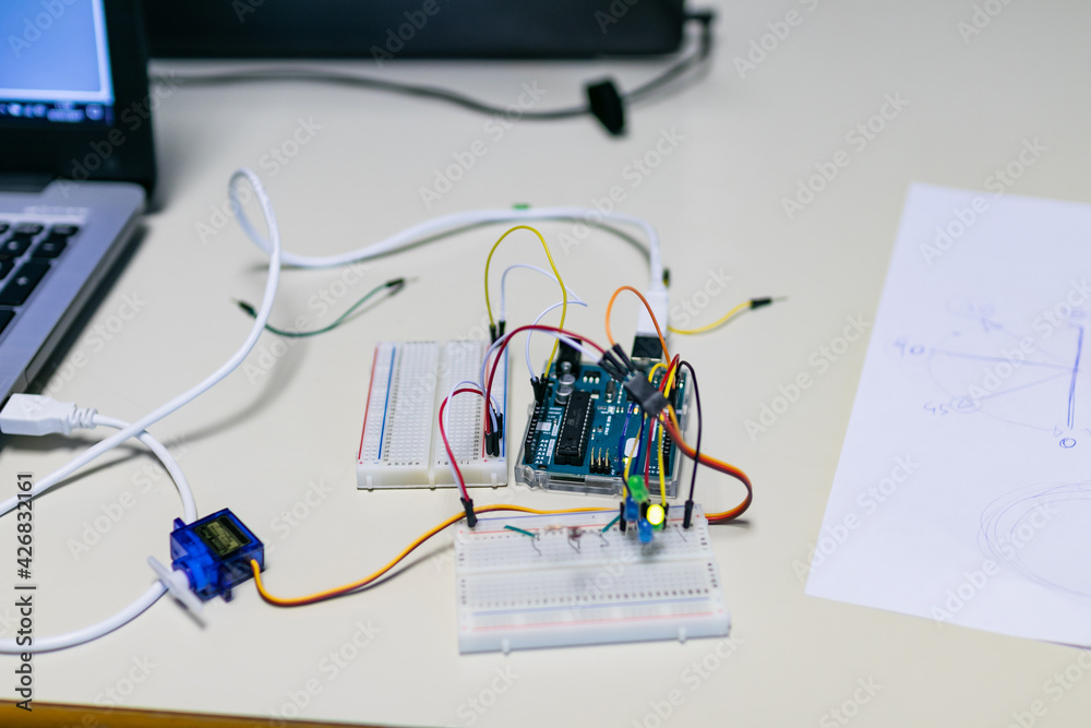 Microcontroller and computer. EdTech workshop at school for STEM ...