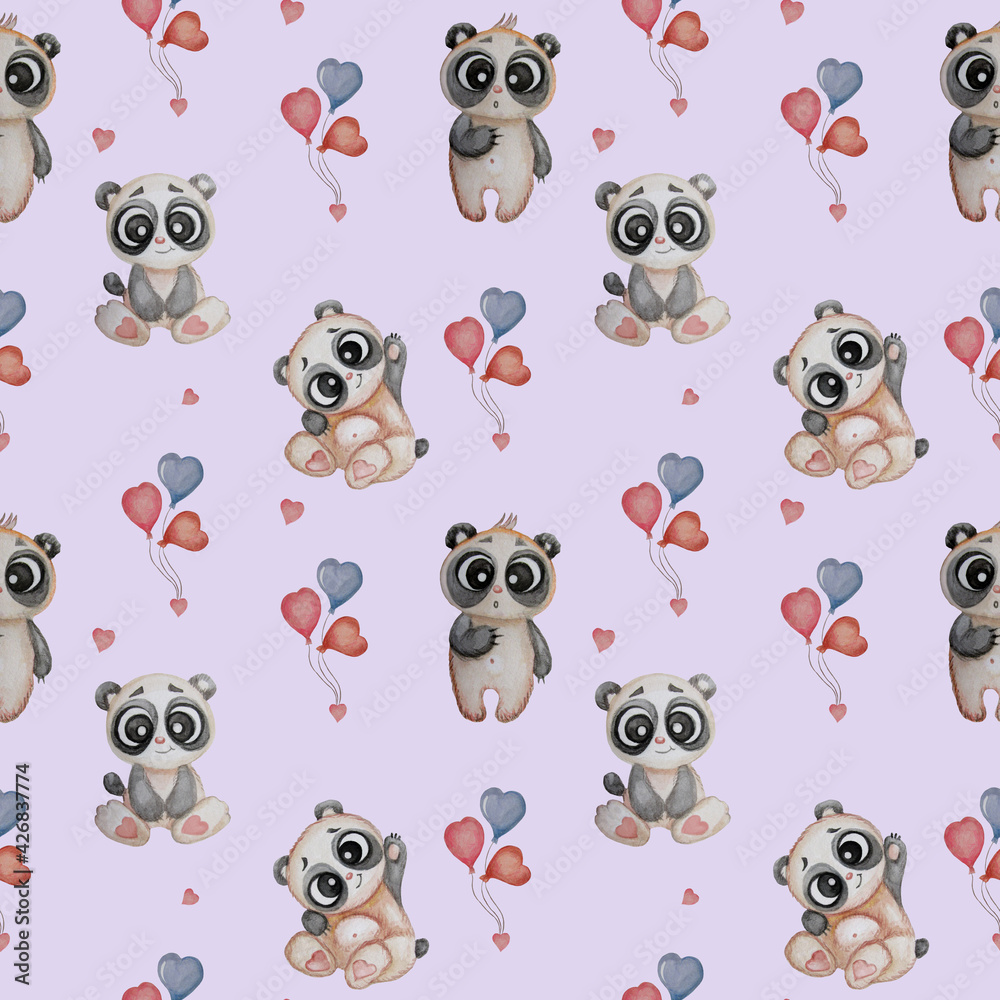 Seamless patterns with cute bears. Funny pandas on a light purple ...