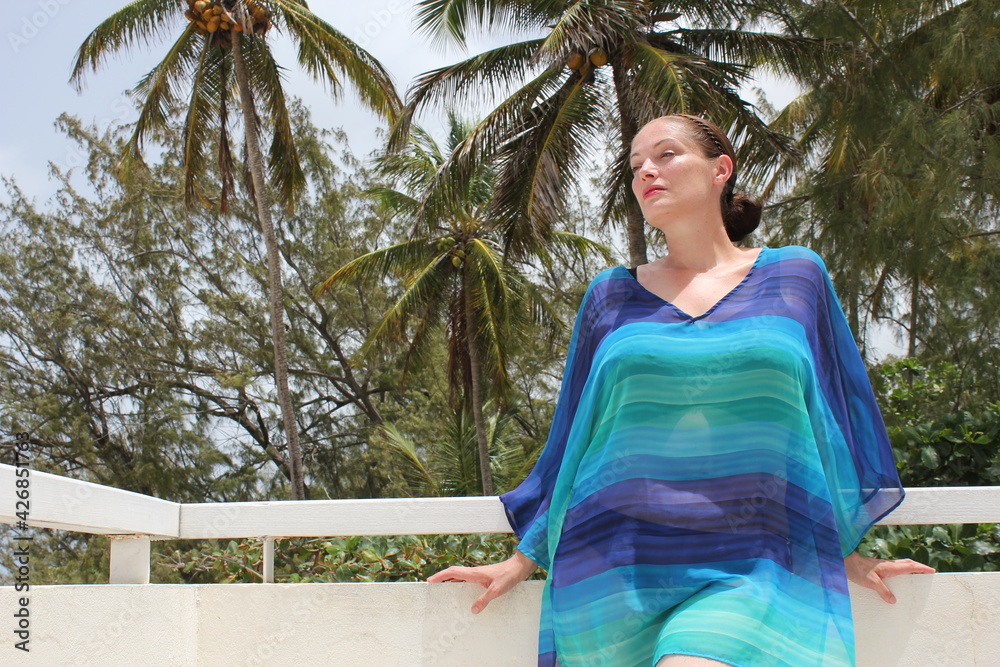 plus size curve woman model on beach resort balcony in swimsuit and ...